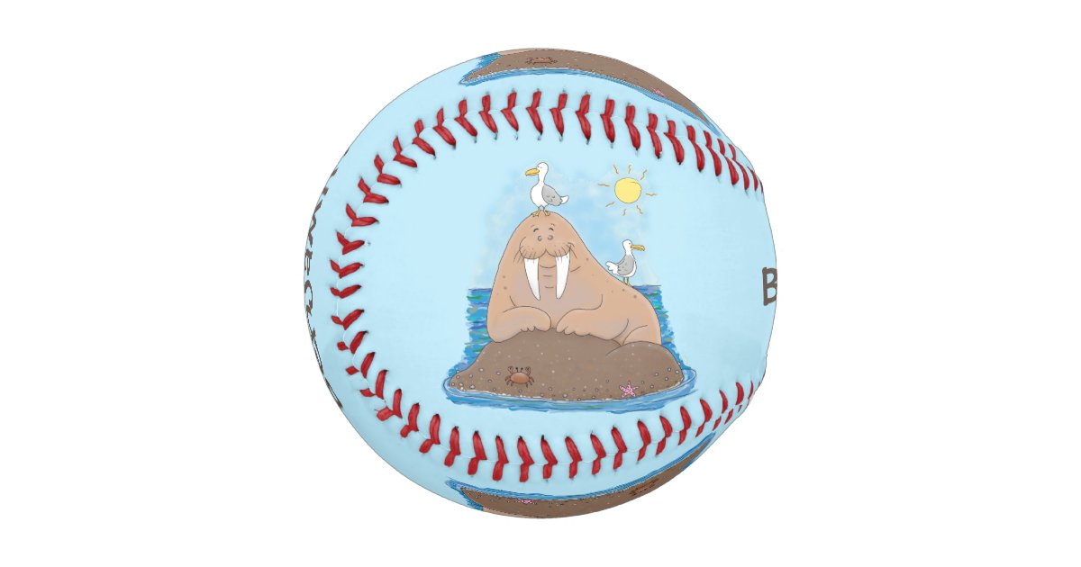 Funny happy walrus cartoon illustration baseball | Zazzle