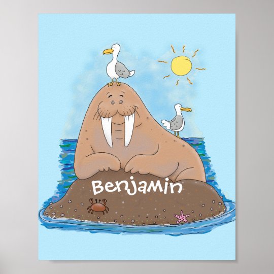 Funny happy walrus cartoon illustration poster | Zazzle.com