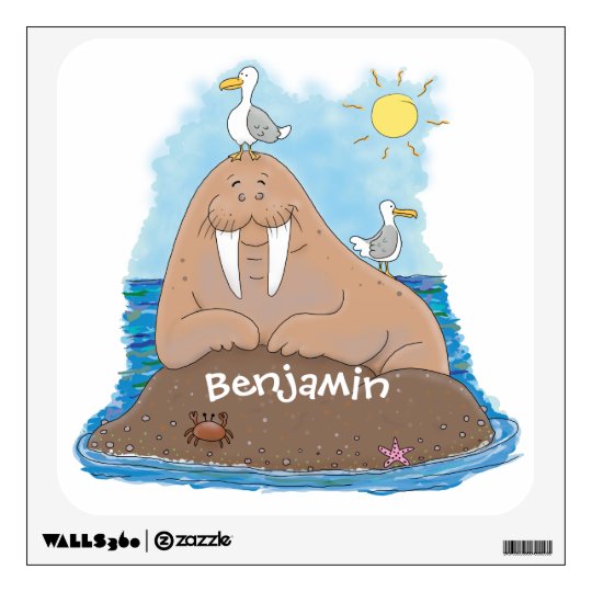 Funny happy walrus cartoon illustration wall decal | Zazzle.com