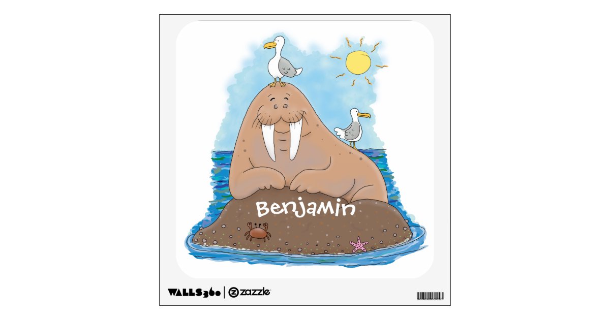 Funny happy walrus cartoon illustration wall decal | Zazzle