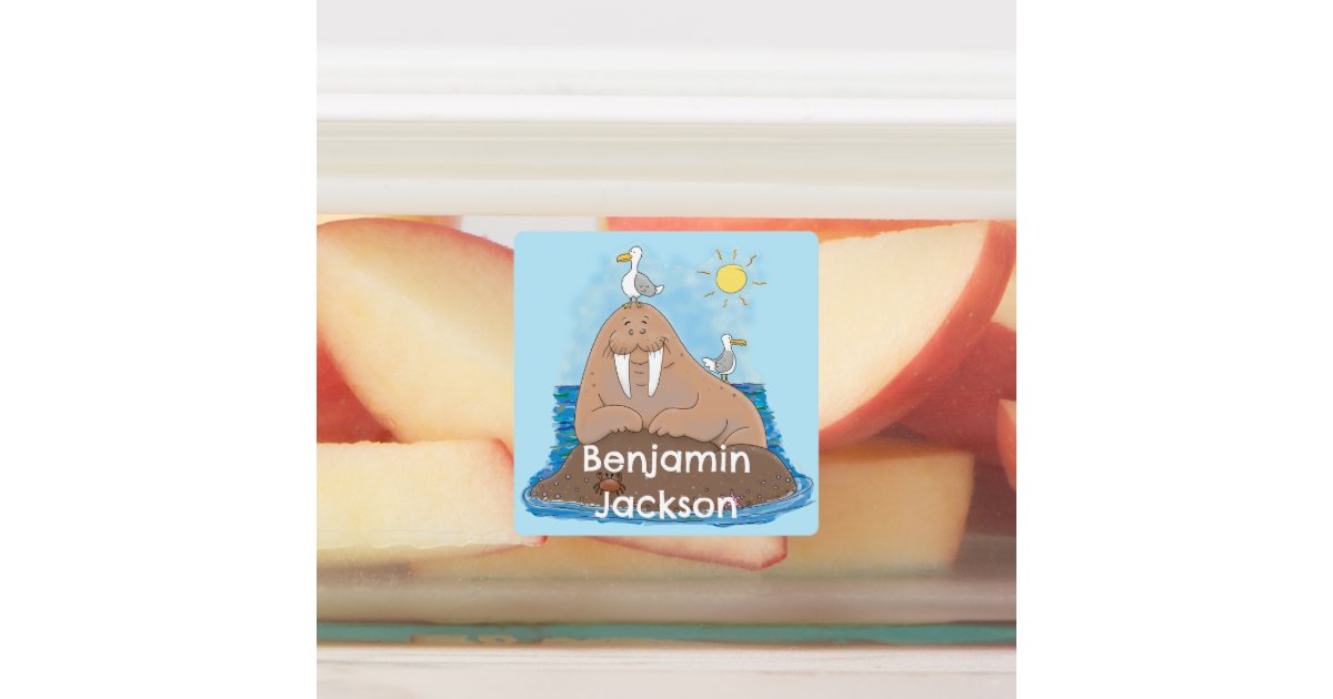 Funny happy walrus cartoon personalized labels | Zazzle