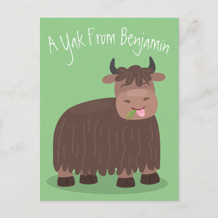 Funny happy yak eating grass cartoon illustration postcard | Zazzle