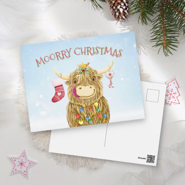 Funny Highland Cow Christmas Cute Holiday Postcard | Zazzle