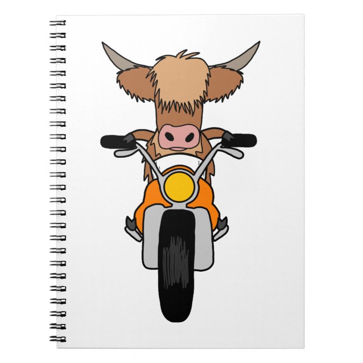 Funny Highland Cow Riding A Motorcycle Cartoon Notebook | Zazzle