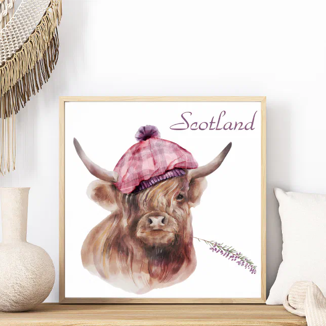 Funny Highland Cow Tartan Cap Scotland Animal Art Poster | Zazzle