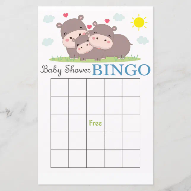 Funny Hippo baby shower bingo card | Zazzle