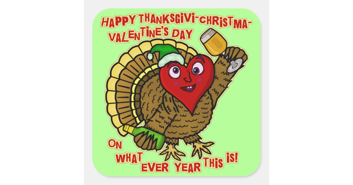 Funny Holiday Drunk Turkey Heart Square Sticker | Zazzle