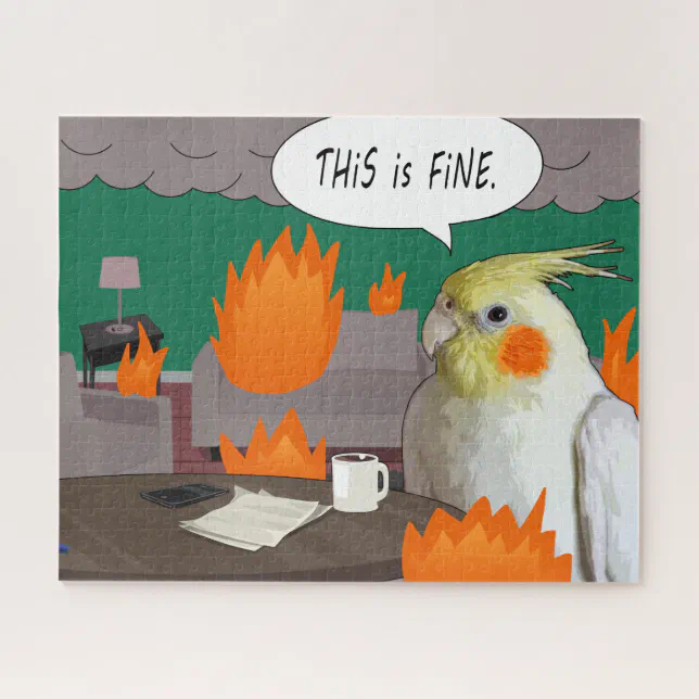 Funny Homeschool Cockatiel This Is Fine Chaos Meme Jigsaw Puzzle | Zazzle