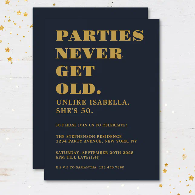 Funny Humorous 50th Birthday Party Navy Blue Gold Invitation | Zazzle