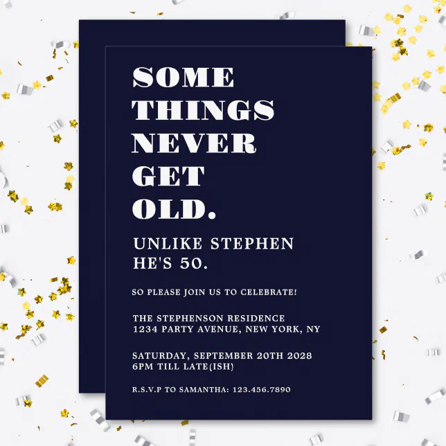 Funny Humorous Navy Blue White Birthday Party Invitation | Zazzle