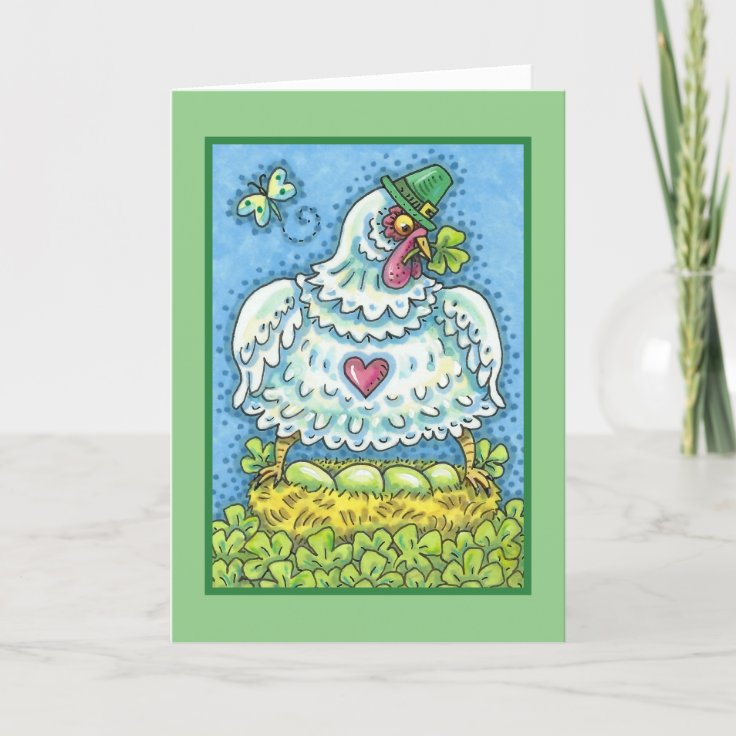 FUNNY IRISH HEN, GREEN EGGS AND SHAMROCKS CUTE CARD | Zazzle