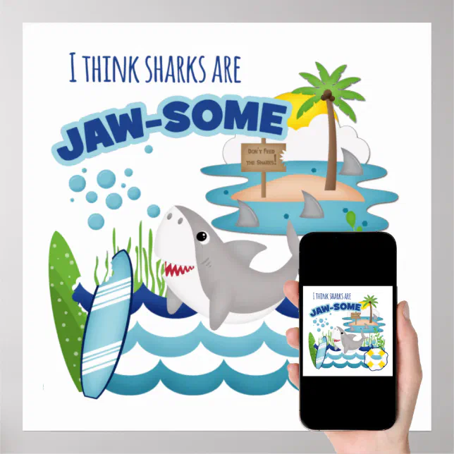 Funny Jawsome Shark Surfboard Beach Kids' Poster | Zazzle