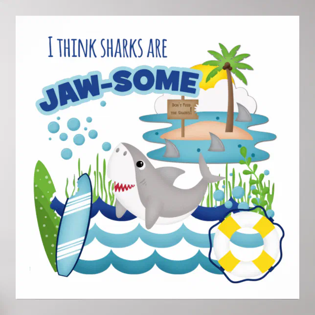 Funny Jawsome Shark Surfboard Beach Kids' Poster | Zazzle
