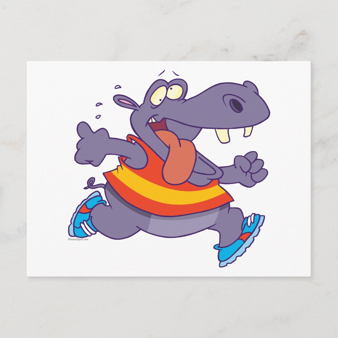 funny jogging hippo runner cartoon postcard | Zazzle