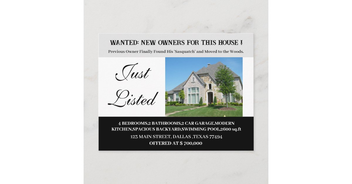Funny Just Listed REAL ESTATE Postcard | Zazzle