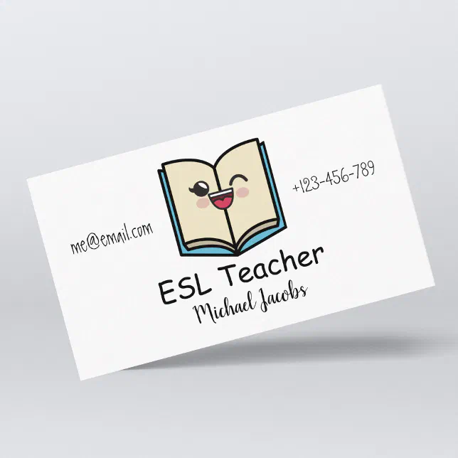 Funny Kawaii Book ESL Teacher English Teacher Cute Business Card | Zazzle