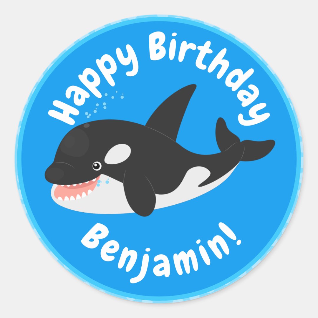 Funny killer whale orca cute cartoon illustration classic round sticker ...