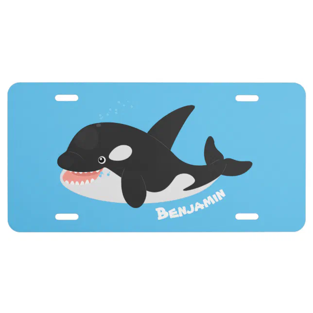 Funny killer whale orca cute cartoon illustration license plate | Zazzle
