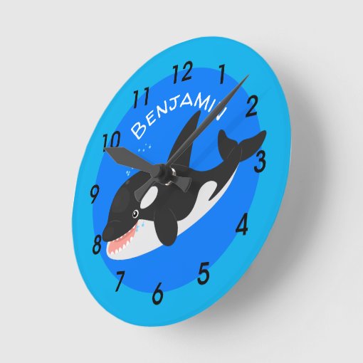 Funny killer whale orca cute cartoon illustration round clock | Zazzle