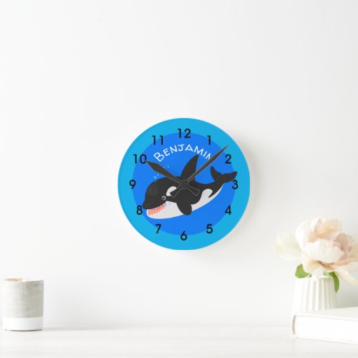 Funny killer whale orca cute cartoon illustration round clock | Zazzle