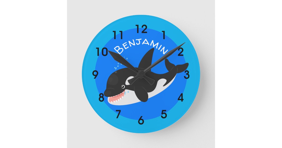 Funny killer whale orca cute cartoon illustration round clock | Zazzle