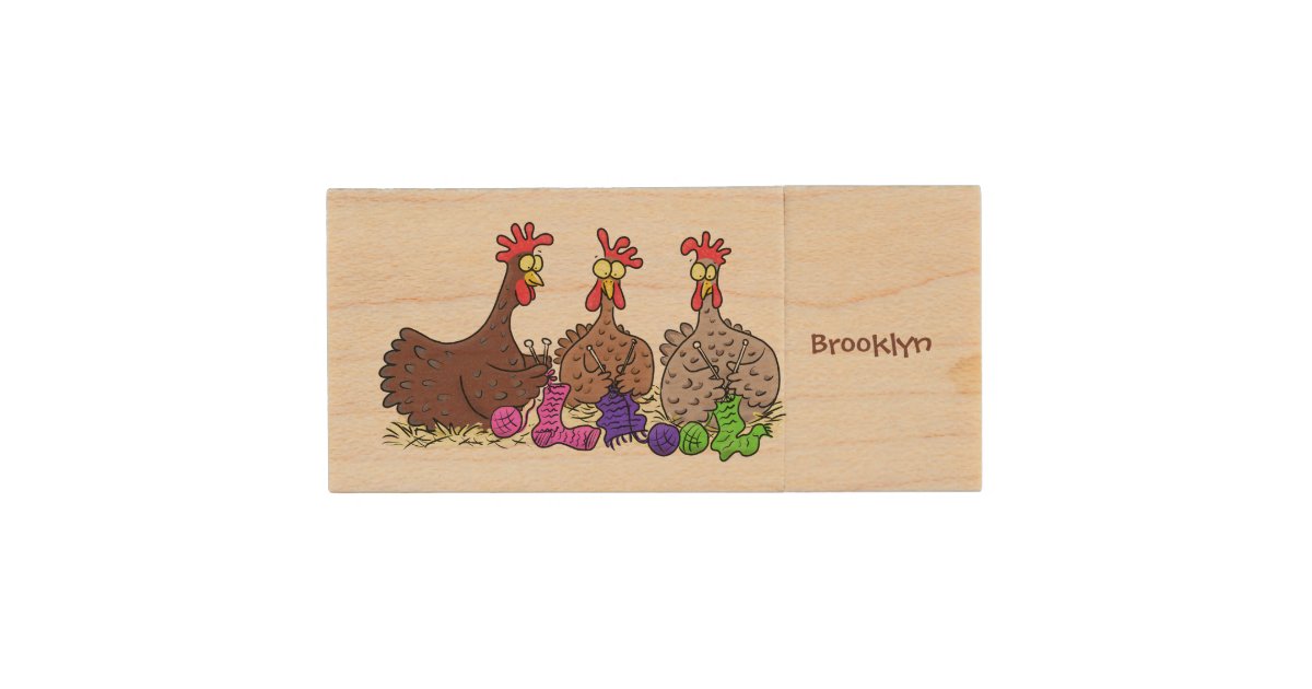 Funny knitting chickens cartoon illustration wood flash drive | Zazzle