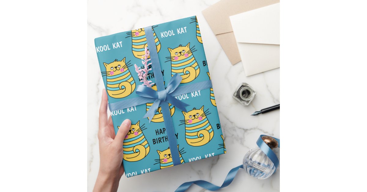 Funny Kool Kat Cartoon Blue Birthday Wrapping Paper | Zazzle