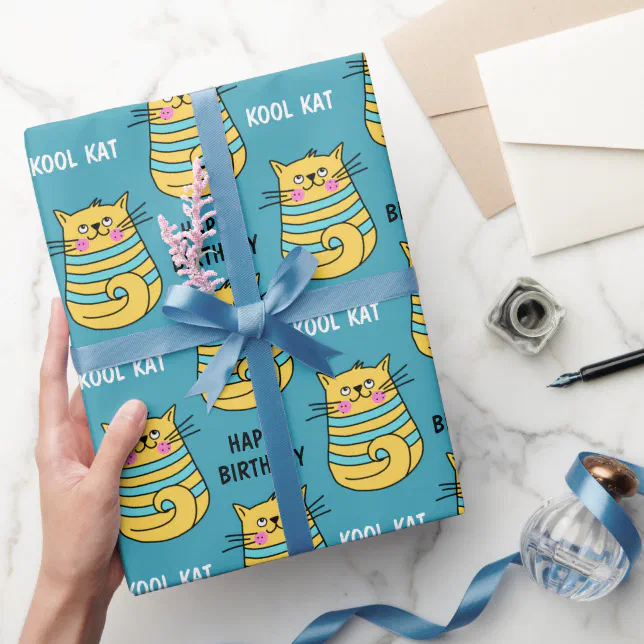 Funny Kool Kat Cartoon Blue Birthday Wrapping Paper | Zazzle