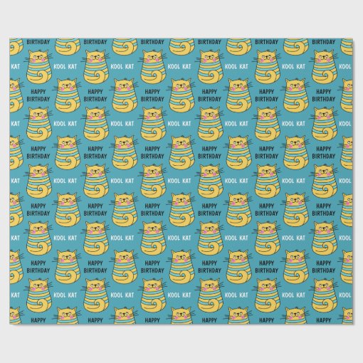 Funny Kool Kat Cartoon Blue Birthday Wrapping Paper | Zazzle