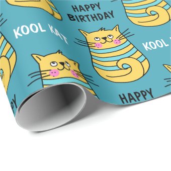 Funny Kool Kat Cartoon Blue Birthday Wrapping Paper | Zazzle