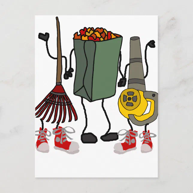Funny Leaf Blowing Yard Work Cartoon Characters Postcard | Zazzle