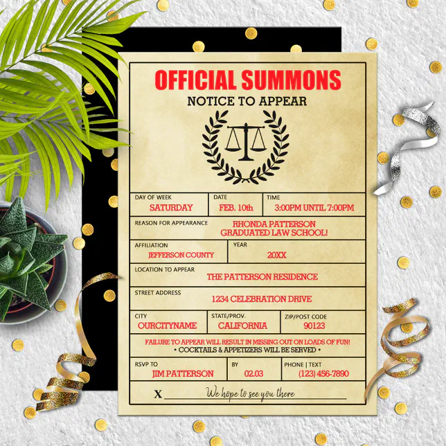 Funny Legal Subpoena Law School Graduation Party Invitation | Zazzle