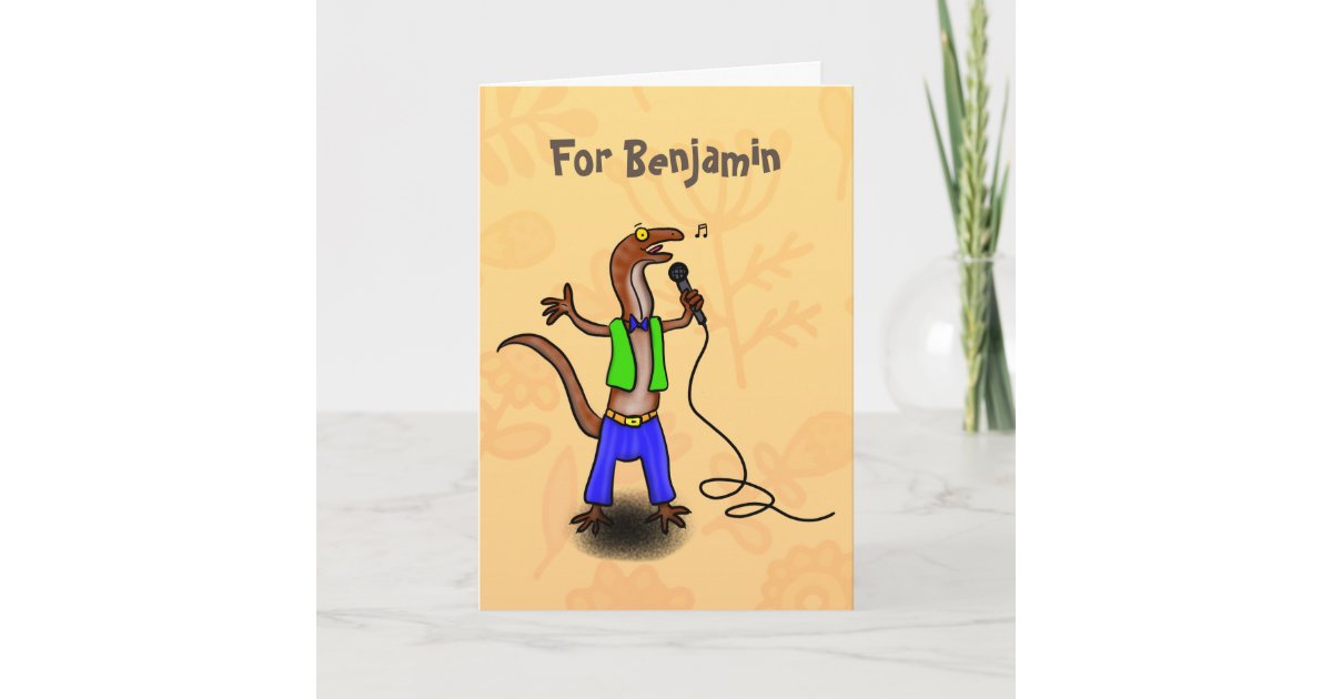 Funny lizard singing with microphone cartoon card | Zazzle