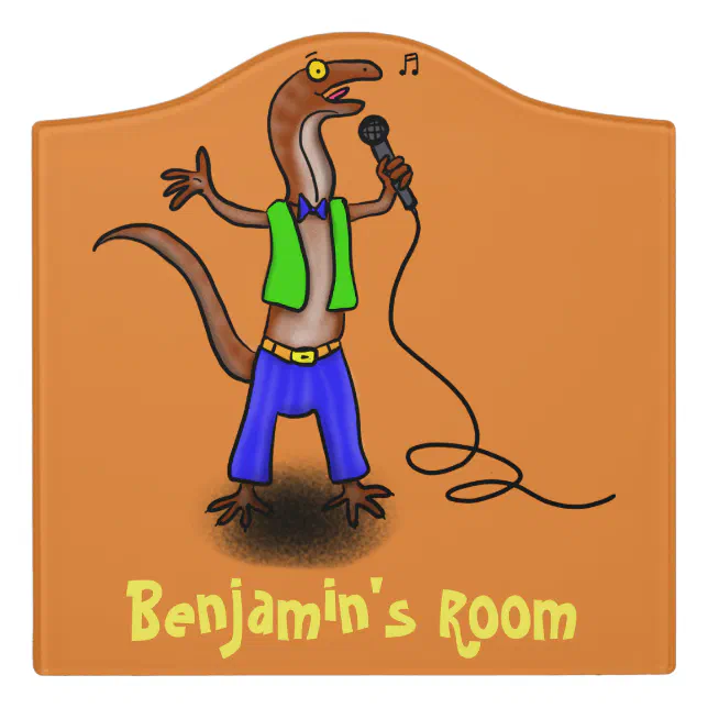 Funny lizard singing with microphone cartoon door sign | Zazzle