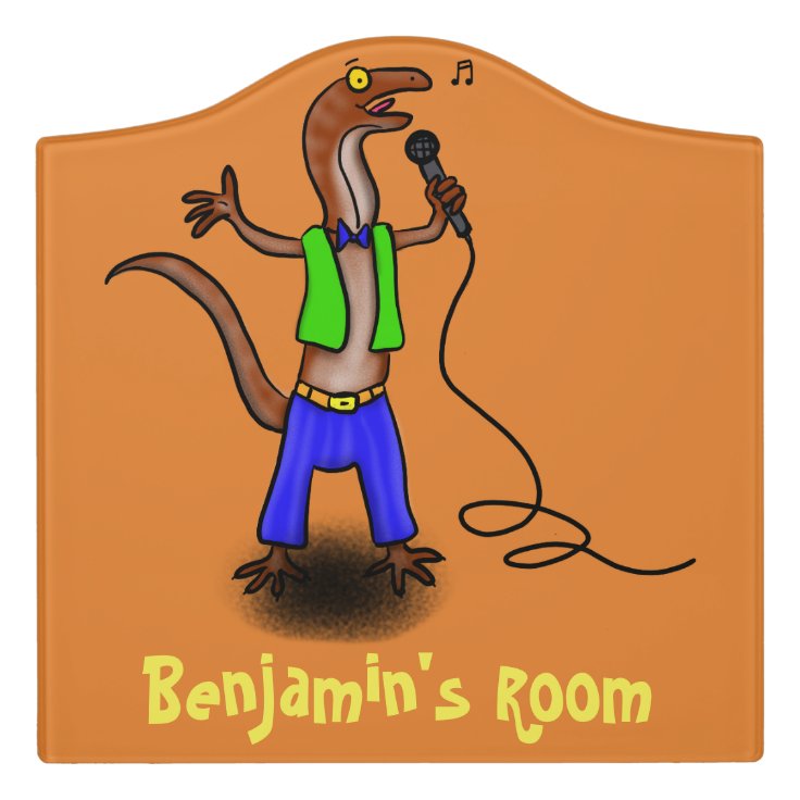 Funny lizard singing with microphone cartoon door sign | Zazzle