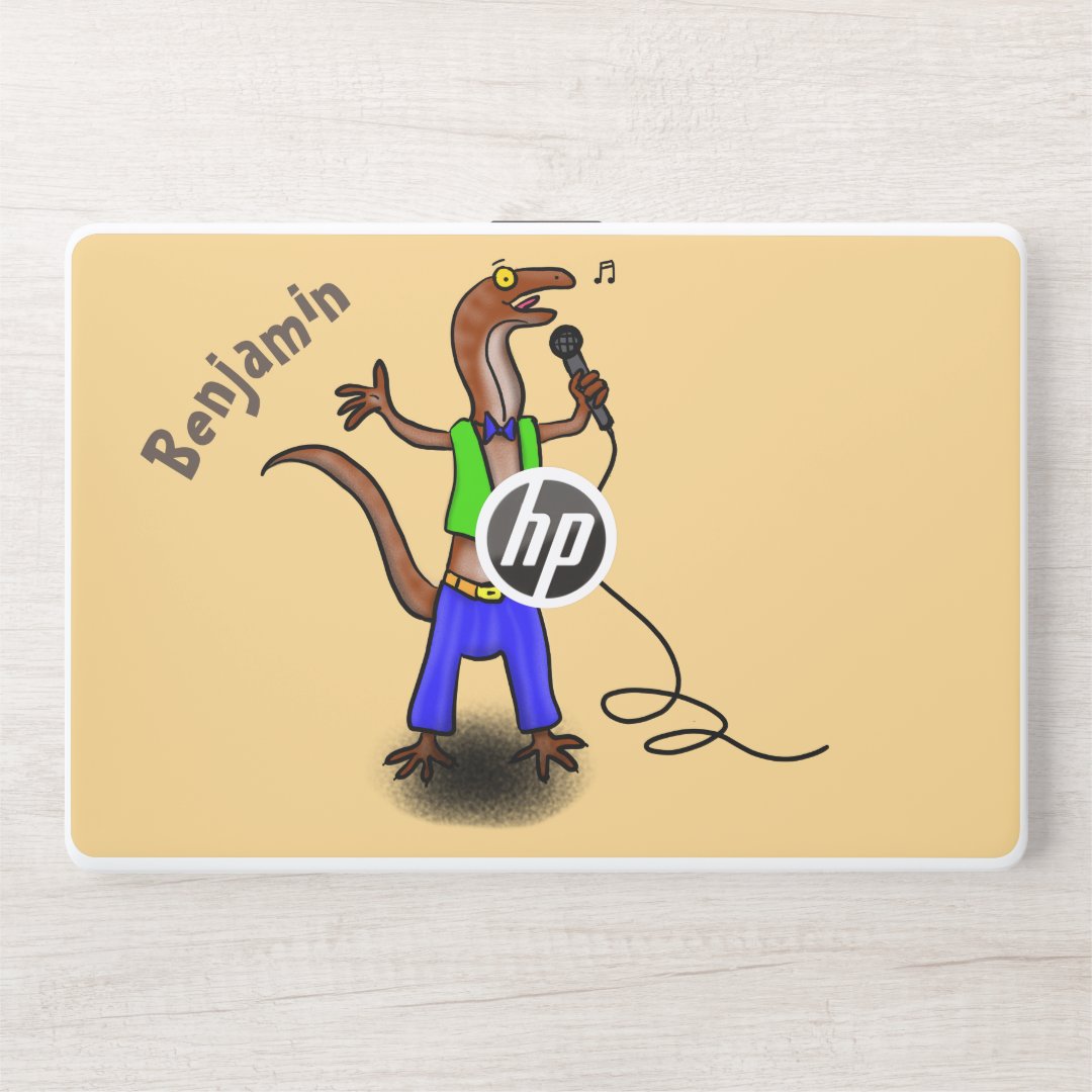 Funny lizard singing with microphone cartoon HP laptop skin | Zazzle