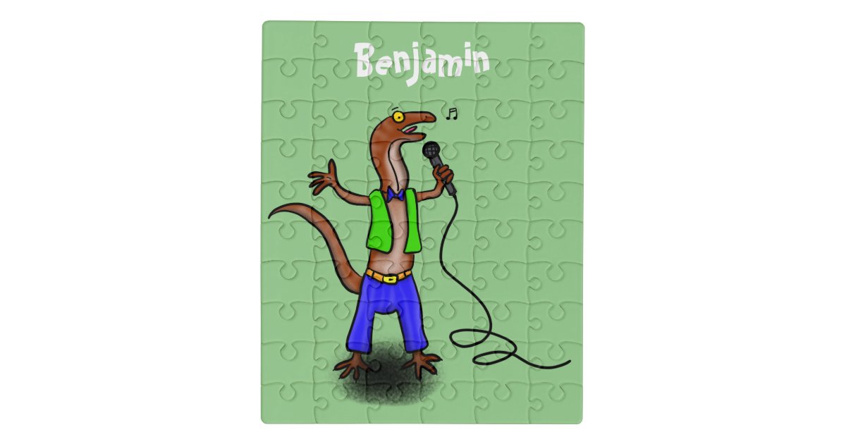 Funny lizard singing with microphone cartoon jigsaw puzzle | Zazzle