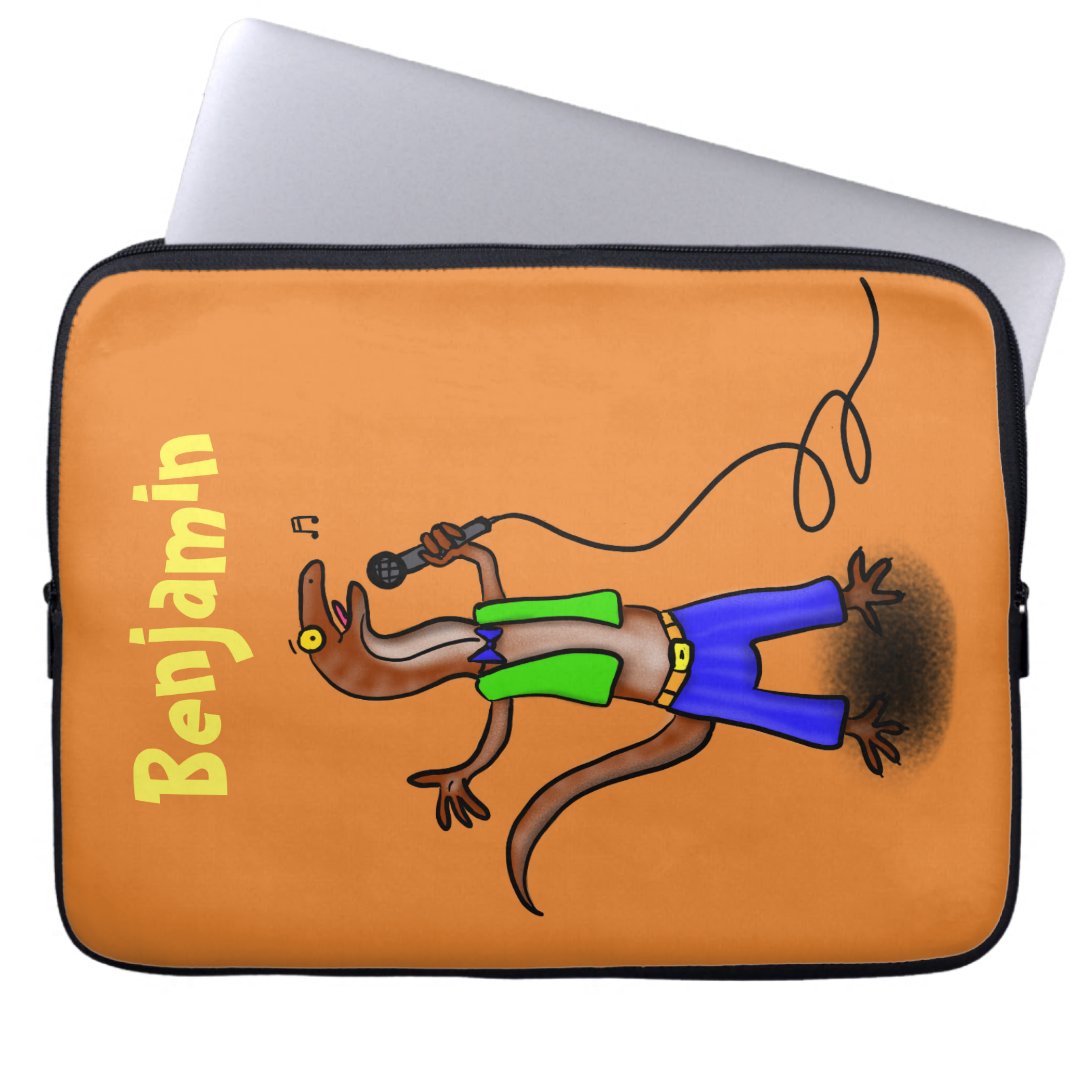 Funny lizard singing with microphone cartoon laptop sleeve | Zazzle