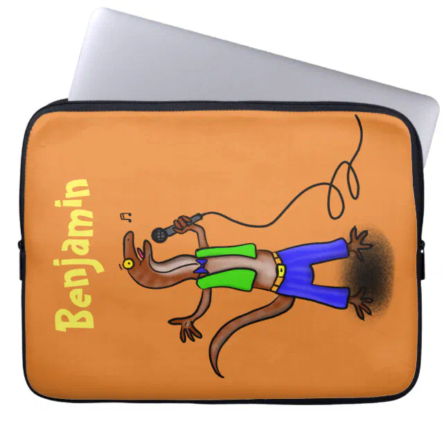 Funny lizard singing with microphone cartoon laptop sleeve | Zazzle