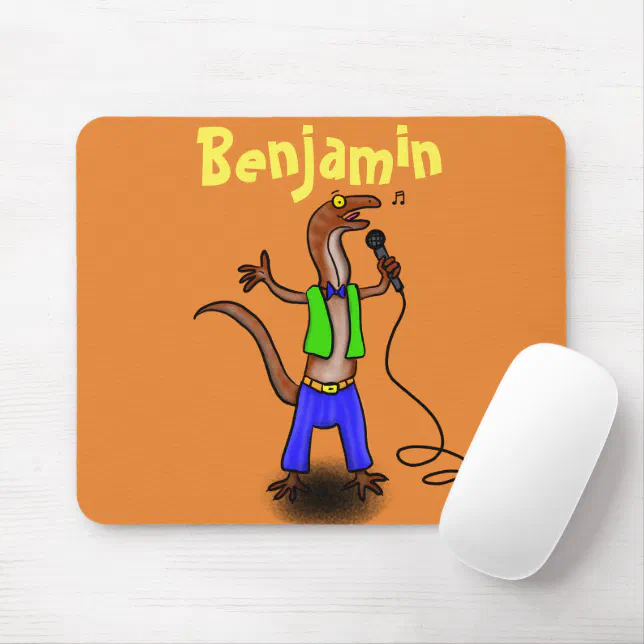Funny lizard singing with microphone cartoon mouse pad | Zazzle