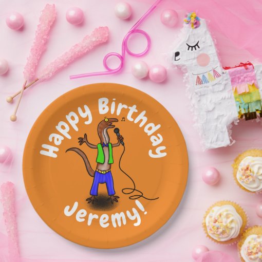 Funny lizard singing with microphone cartoon paper plates | Zazzle