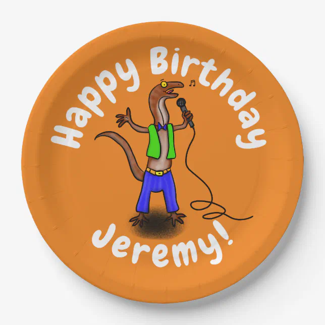 Funny lizard singing with microphone cartoon paper plates | Zazzle
