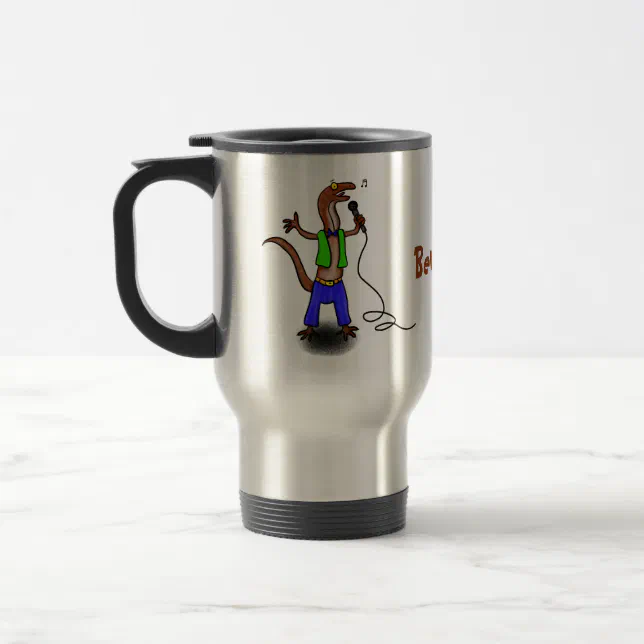 Funny lizard singing with microphone cartoon travel mug | Zazzle