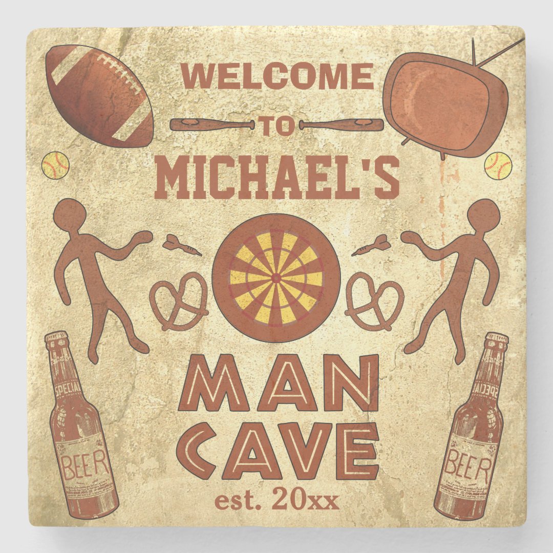Funny Man Cave with Your Name Custom Stone Coaster | Zazzle