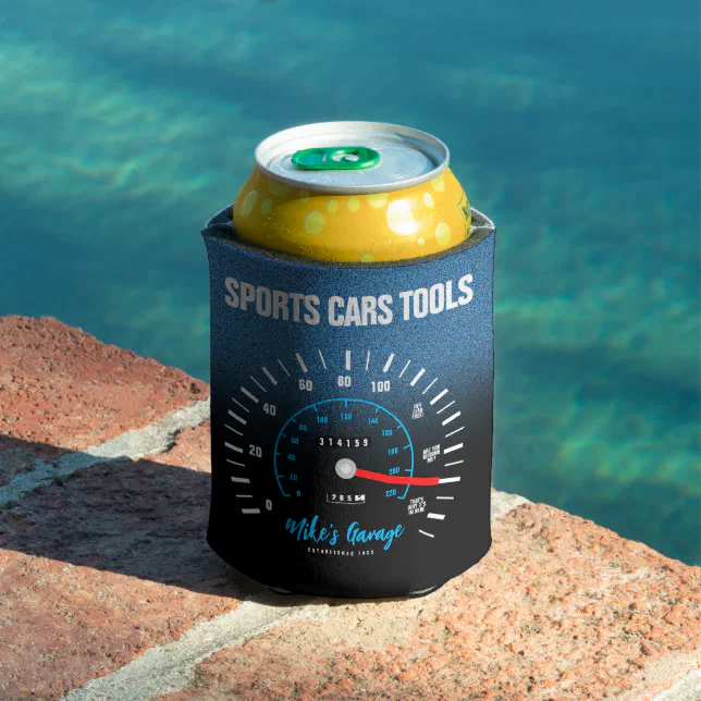 Funny Manly Car Odometer Speedometer Blue Glitter Can Cooler | Zazzle