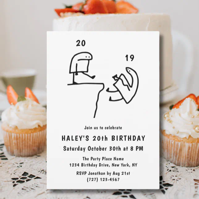 Funny Meme Humor Simple Black White 20th Birthday Invitation | Zazzle