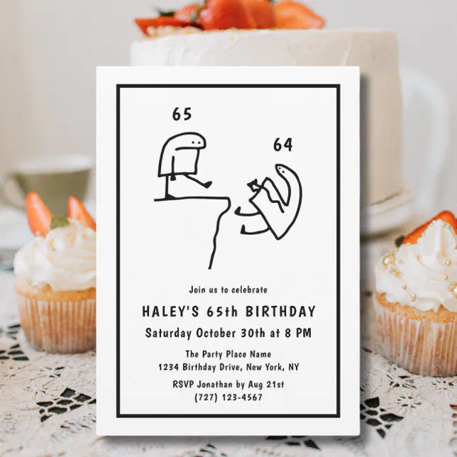 Funny Meme Humor Simple Black White 65th Birthday Invitation | Zazzle