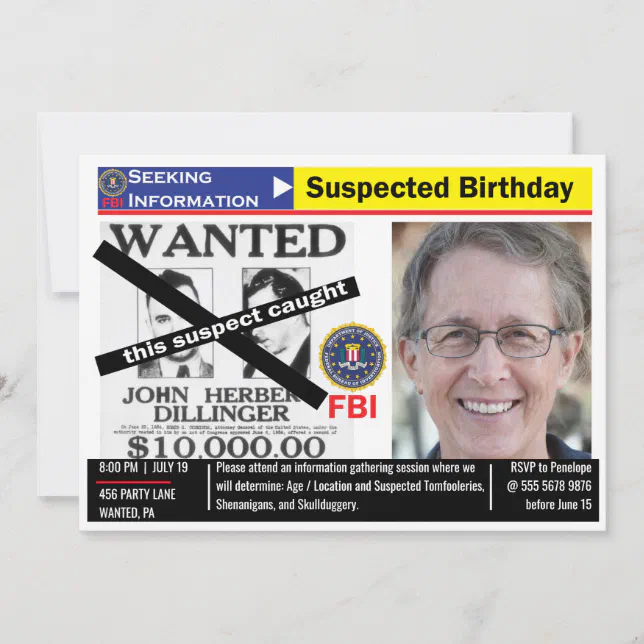 Funny Mens Birthday Seeking Suspect Information Invitation | Zazzle