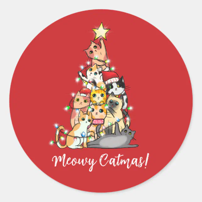 Funny Meowy Catmas Cats Christmas Tree Classic Round Sticker | Zazzle