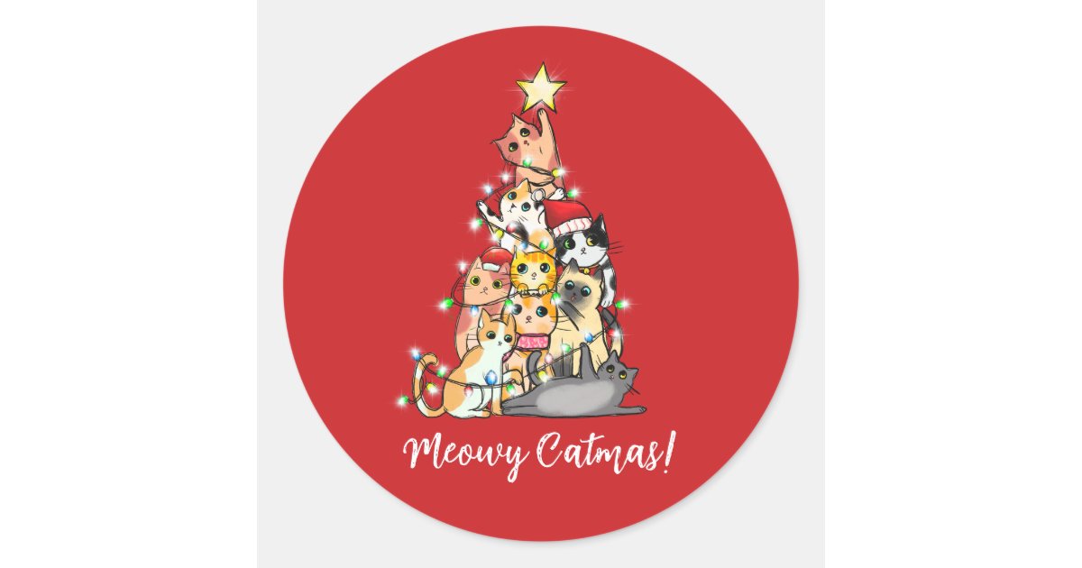 Funny Meowy Catmas Cats Christmas Tree Classic Round Sticker | Zazzle